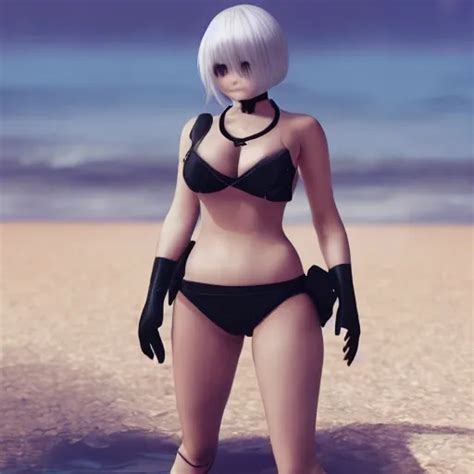 2b Nier Automata In Mini Bikini Full Body And Cute Face In The Beach
