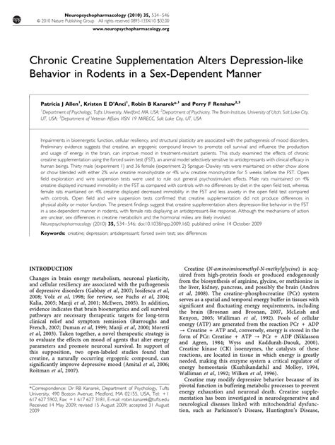 Pdf Chronic Creatine Supplementation Alters Depression Like Behavior In Rodents In A Sex