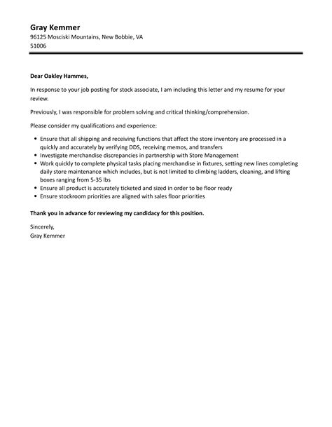 Stock Associate Cover Letter Velvet Jobs