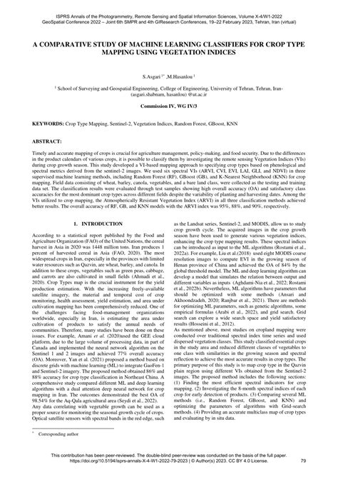 PDF A COMPARATIVE STUDY OF MACHINE LEARNING CLASSIFIERS FOR CROP TYPE MAPPING USING VEGETATION