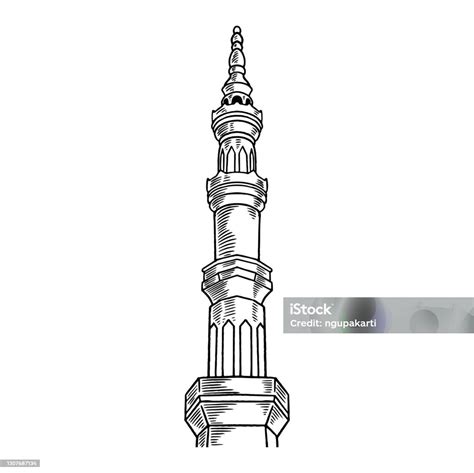 흰색 배경에 고립 라마단 카림 모스크 타워의 상세한 스케치 해피 라마단 무바라크 무료 핸드 드로잉 이슬람 디자인으로 라마단 축하를 위한 벡터 일러스트레이션 Ramadan