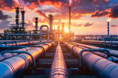 Industrial Pipeline System At Sunset Vibrant Colors Enhance The Mood Conceptual Industrial