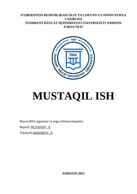 Rsa Algoritmi Va Unga Nisbatan Hujumlar