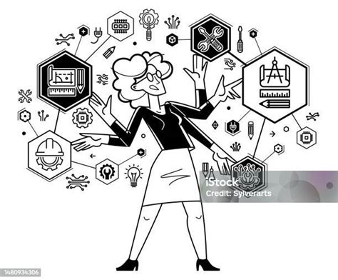 프로젝트에서 일하는 엔지니어 초안 계획 벡터 개요 그림 창의적인 발명가 기계 수리에 대한 작업을 수행하는 정비사 전문가 컴퓨터