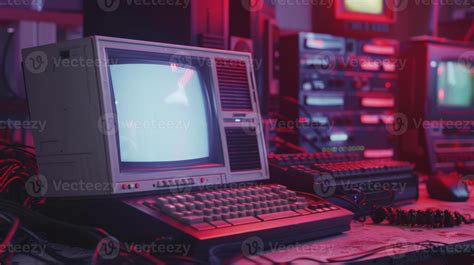 Vintage Personal Computer With A Blank Screen Is Surrounded By Old Technology In A Room With Red
