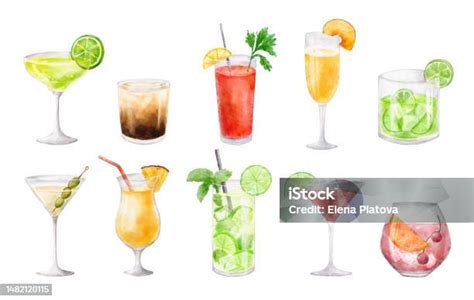 블러디 메리 마트 리니 및 코스모 폴리탄 칵테일 흰색으로 분리된 유리에 담긴 음료의 수채화 그림 감귤류 과일에 대한 스톡 벡터