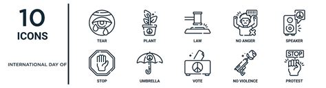 국제 외곽선 아이콘 세트의 날은 얇은 선 찢어짐 법률 연사 우산 폭력 금지 항의 보고서 프리젠 테이션 다이어그램 웹 디자인에 대한 중지 아이콘을 포함합니다 꽃 식물에 대한