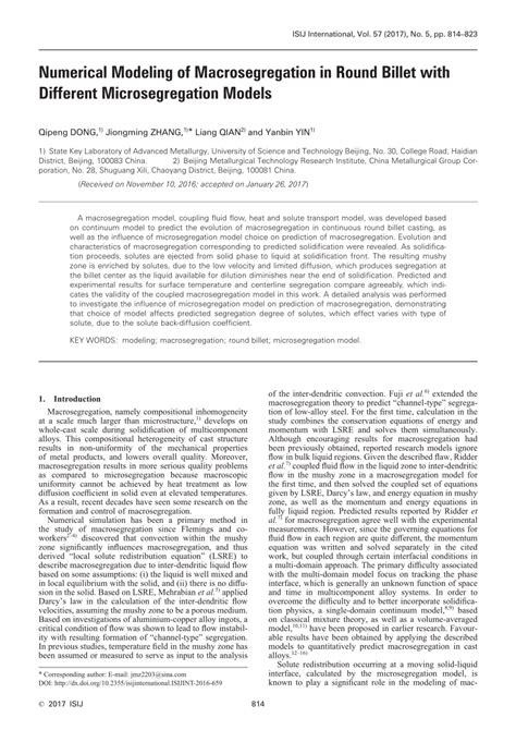 Pdf Numerical Modeling Of Macrosegregation In Round Billet With