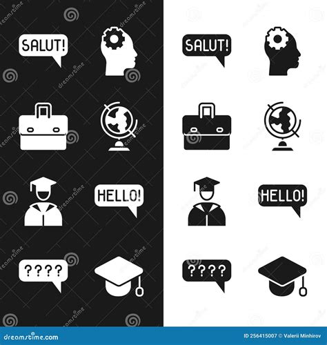 Set Earth Globe Briefcase Salut In Different Languages Head With Gear Inside Graduate And