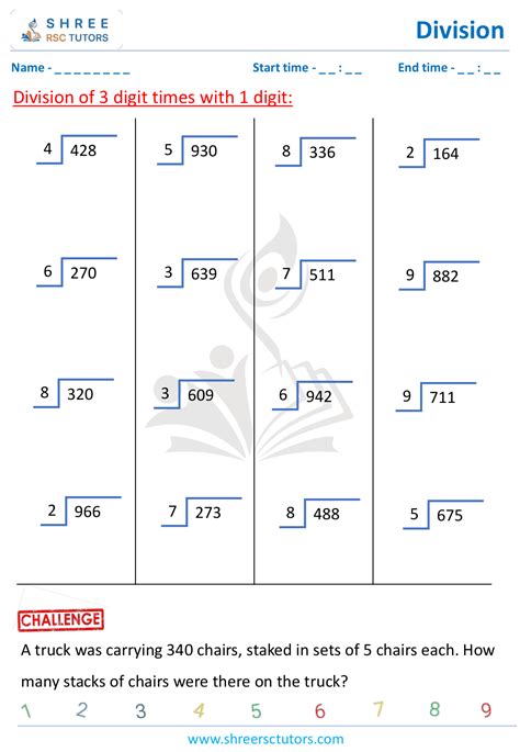Divide 3 Digit By 1 Digit Without Remainder Worksheets For Grade 4