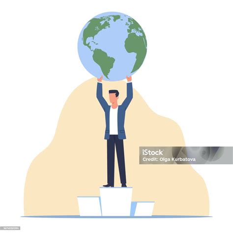 세계 사업에서 승리한 성공적인 사업가는 행성을 머리 위로 들고 있습니다 세계적인 경쟁 성공 또는 승리 국제 및 세계화를 달성하십시오 만화 플랫 벡터 개념 개념에 대한 스톡
