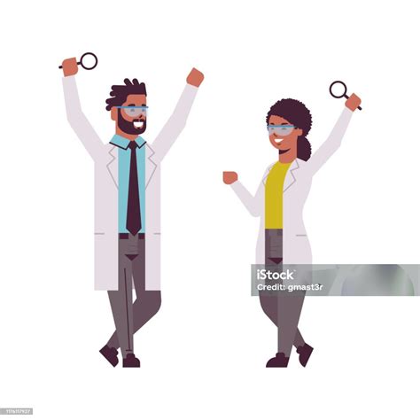 과학자 부부는 확대 유리 아프리카 계 미국인 남자 연구자 와 손을 제기 균일 한 만드는 실험 분석 실험실 연구 과학 화학 개념 전체 길이 평면 가공의 인물에 대한 스톡 벡터