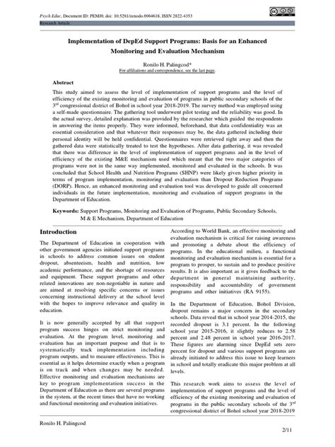 Implementation Of Deped Support Programs Basis For An Enhanced