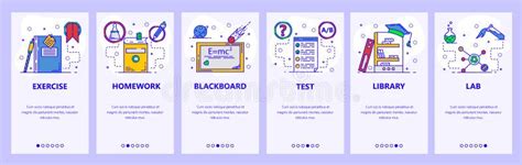 Mobile App Onboarding Screens School Education Homework Library And Test Results Stock Vector