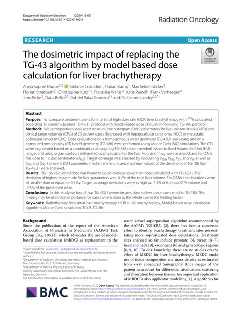 Pdf The Dosimetric Impact Of Replacing The Tg 43 Algorithm By Model Based Dose Calculation For