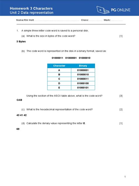 Unit 2 Data Representation Homework 3 Characters Pdf Ascii String Computer Science