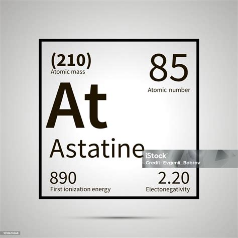 아스타틴 화학 원소로 첫 번째 이온화 에너지 원자 질량 전기 음성도 값 그림자와 함께 간단한 블랙 아이콘 0명에 대한 스톡 벡터