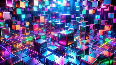 Abstract Iridescent Cube Cluster In Vibrant Neon Light Display
