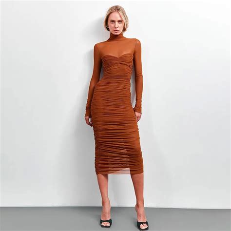 Brown Ruched High Neck Bodycon Dress Newme