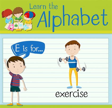 플래시 카드 문자 E는 운동 용입니다 프리미엄 벡터