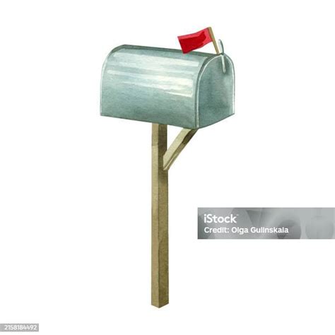 빨간 깃발과 금속 몸체가 있는 나무 다리에 있는 골동품 우체통 모든 요소는 수채화로 손으로 칠합니다 수채화 그림입니다 직물 종이