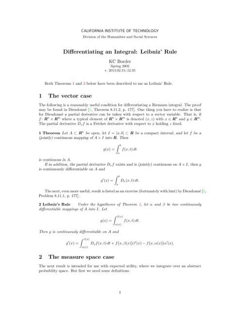 Differentiating An Integral Leibniz Rule 1 The Vector Case 2 The