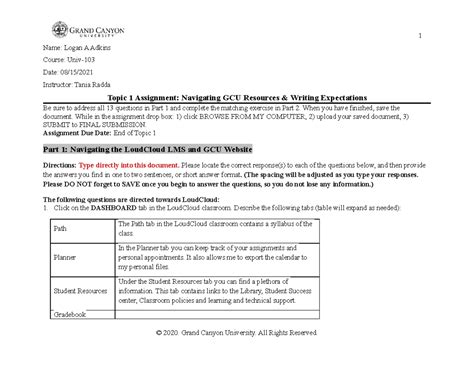 Univ 103 T1 Gcu Resources Writing Topic 1 Coursework 1 Name Logan A Adkins Course Date