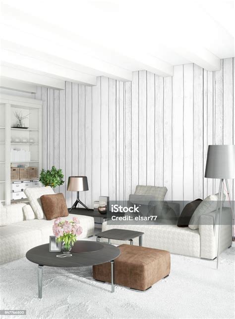 최소한의 스타일 화이트 침실 나무 벽과 회색 소파 인테리어 디자인 3d 렌더링입니다 3 차원 일러스트 레이 션 디지털 생성 이미지에 대한 스톡 사진 및 기타 이미지 Istock