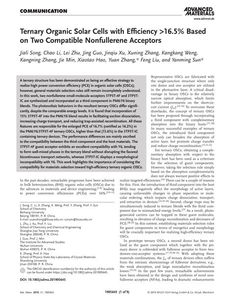Ternary Organic Solar Cells With Efficiency 165 Based On Two Compatible Nonfullerene