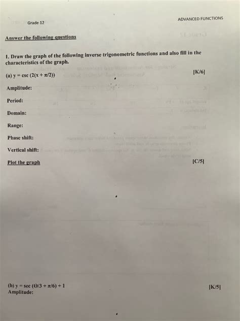 Solved Advanced Functions Grade 12 Answer The Following