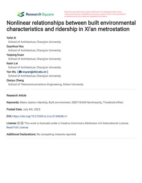 Pdf Nonlinear Relationships Between Built Environmental Characteristics And Ridership In Xian