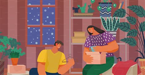 새 아파트로 이사하는 부부 여자는 거실에 물건이 있는 상자에 앉아 있다 사람들의 재배치 집 내부 행복과 아늑함 젊은 가족 평면에서의 움직임에 대한 벡터 그림 사진