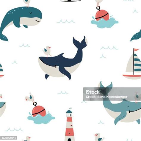 귀여운 손으로 그린 바다 생활 원활한 패턴 행복한 고래와 장식 여름 직물 배너 배경 화면 포장에 좋은 벡터 디자인 낙서 드로잉에 대한 스톡 벡터 아트 및 기타 이미지