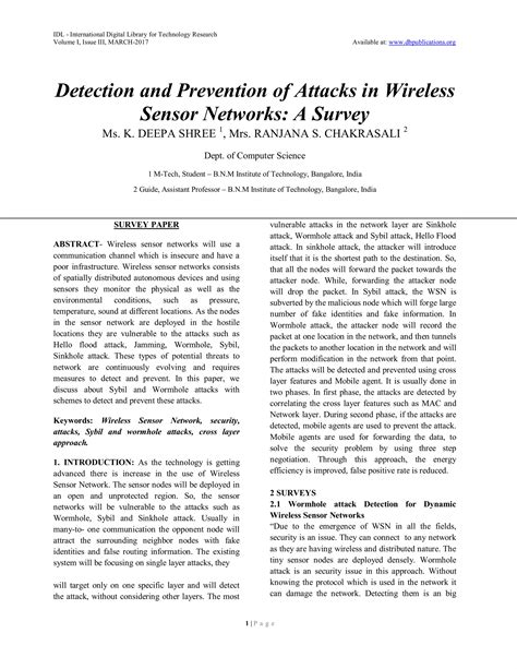 Detection And Prevention Of Attacks In Wireless Sensor Networks A Survey Pdf