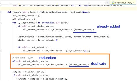 remove duplicate hidden states of the last layer in bertencoder in modeling bert py · issue