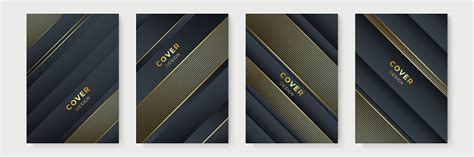 블랙과 골드 컬러로 세팅된 모던 포스터 디자인 모던 한 골든 스트라이프 커버 디자인 세트 럭셔리 크리에이티브 골드 다이내믹 대각선 패턴 프리미엄 벡터 배경 3차원 형태에