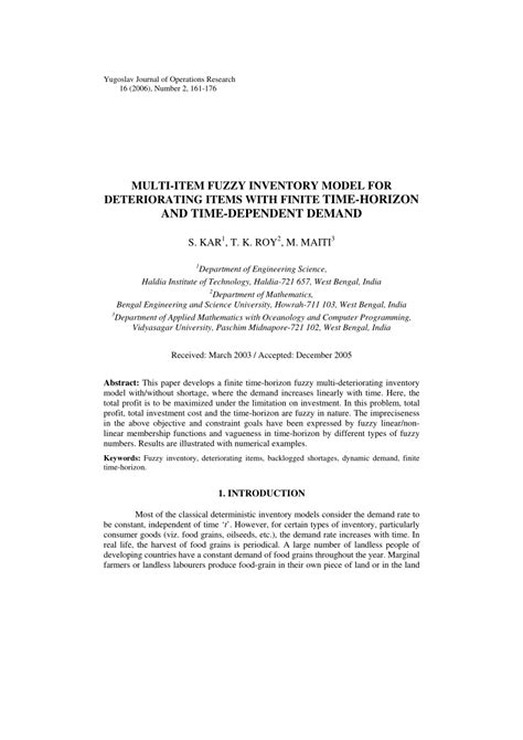 Pdf Multi Item Fuzzy Inventory Model For Deteriorating Items With Finite Time Horizon And Time