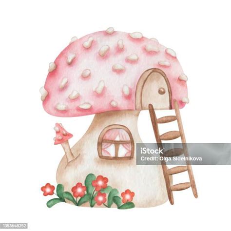 수채화 일러스트 핸드는 창문이있는 난쟁이 그놈을위한 꽃 두꺼비 오두막을위해 빨간색 갈색 버섯 집을 그렸습니다 가을 직물 직물 엽서 디자인에 대한 고립 된 만화 클립 아트