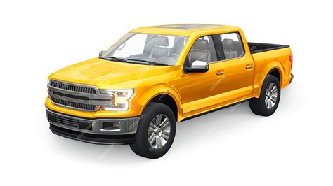 더블 캡이 있는 대형 현대식 픽업 트럭 흰색 유니폼 배경에 빛나는 헤드라이트 3d 렌더링 프리미엄 사진