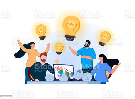 큰 전구 아이디어를 가진 사업가들 새로운 프로젝트에서 함께 일하는 팀 창의성 혁신 브레인스토밍 출현 개념에 대한 스톡 벡터 아트 및 기타 이미지 Istock