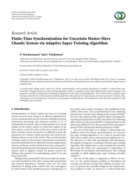 Pdf Finite Time Synchronization For Uncertain Master Slave Chaotic System Via Adaptive Super