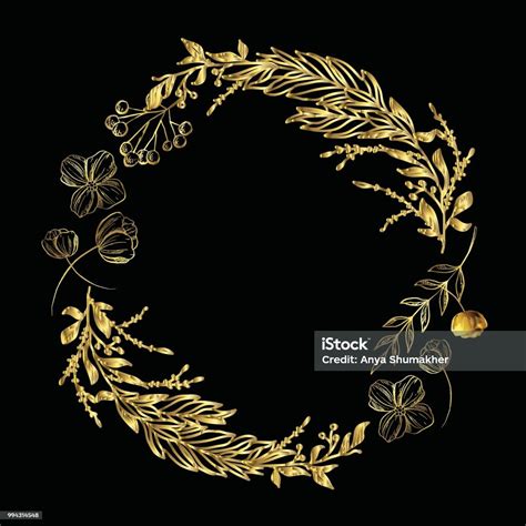 낙서 잎 꽃과 검은 배경에 베리 원 프레임 황금 잎의 화 환입니다 디자인 엽서 인쇄 준비 템플릿입니다 0명에 대한 스톡 벡터 아트 및 기타 이미지 Istock