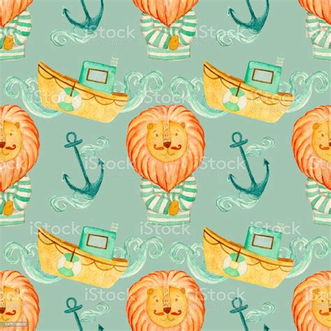 수채화 패턴 보트 사자 선원 파도와 파란색 배경에 닻 귀여운 아기 무늬 다양 한 상품 0명에 대한 스톡 벡터 아트 및 기타 이미지 Istock