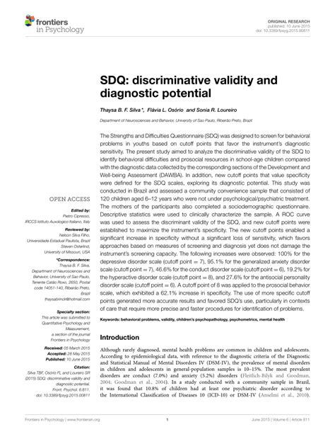 Pdf Sdq Discriminative Validity And Diagnostic Potential