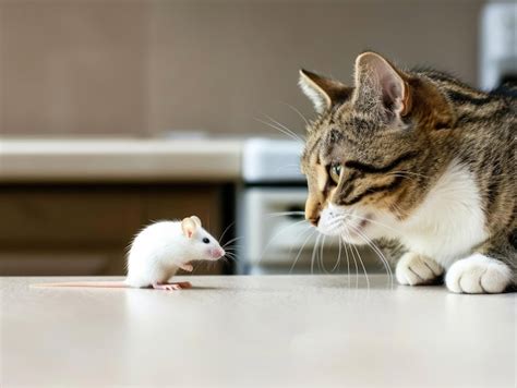 The Curious Cat And The Tiny Mouse Premium Ai Generated Image