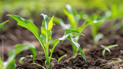 Closeup Of Young Corn Plants Sprouting In A Field Highlighting Early
