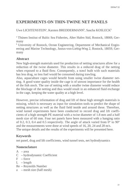 Pdf Experiments On Thin Twine Net Panels