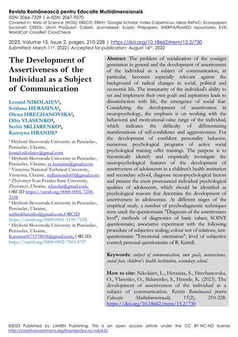 Pdf The Development Of Assertiveness Of The Individual As A Subject Of Communication