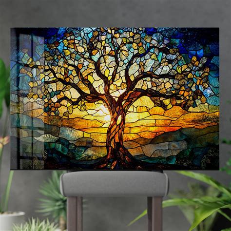 Tempered Glass Tree Of Life Wall Art Faux Stained Glass Decor Etsy
