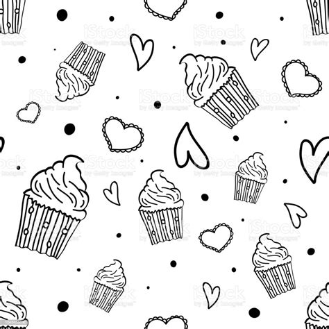 컵 케이크 하트와 도트 손 그려진된 완벽 한 패턴입니다 파티 배경입니다 벡터 일러스트 레이 션 개념에 대한 스톡 벡터 아트 및 기타 이미지 Istock